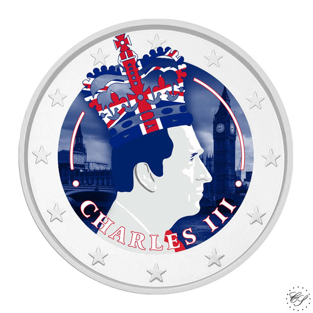 Kuningas Charles III 2 € 2023 Kruunajaiset juhlaraha, väritetty (#1 ...