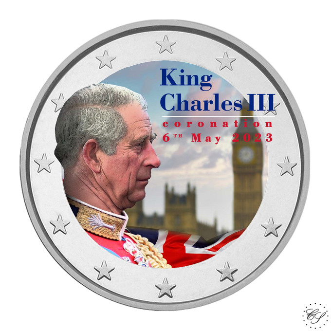 Kuningas Charles III 2 € 2023 Kruunajaiset juhlaraha, väritetty (#4 ...