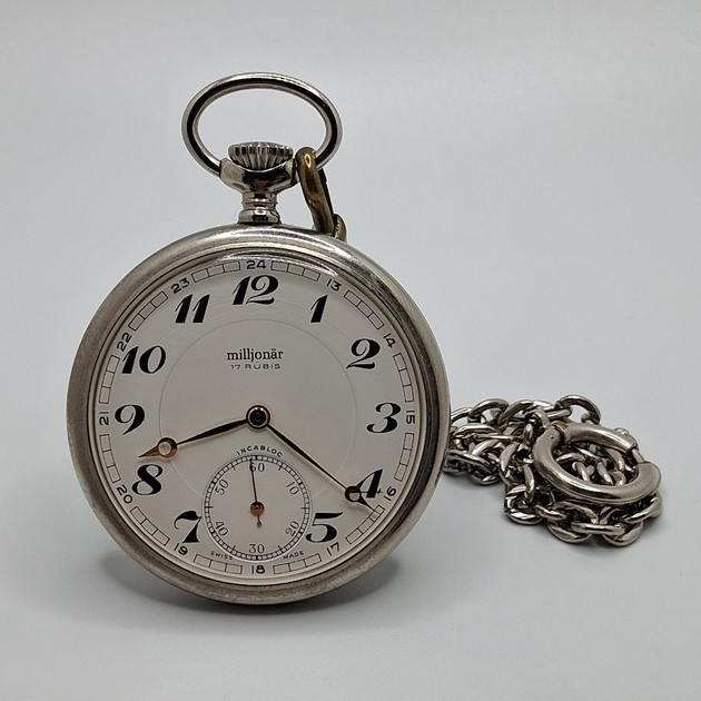 Pocket watch, Miljonär 17 rubis incabloc, train theme – VIGEA