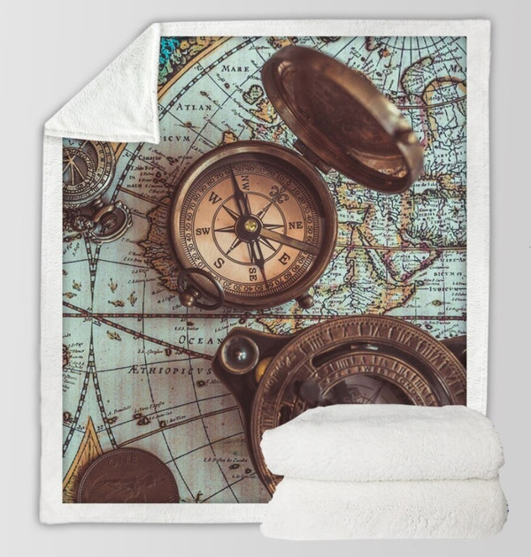 merihenkinen fleece huopa peite torkkupeitto sherpa kompassi meriteema ...