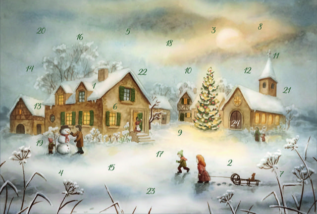 Adventtikalenterikortti white christmas - Reetan Ruutu